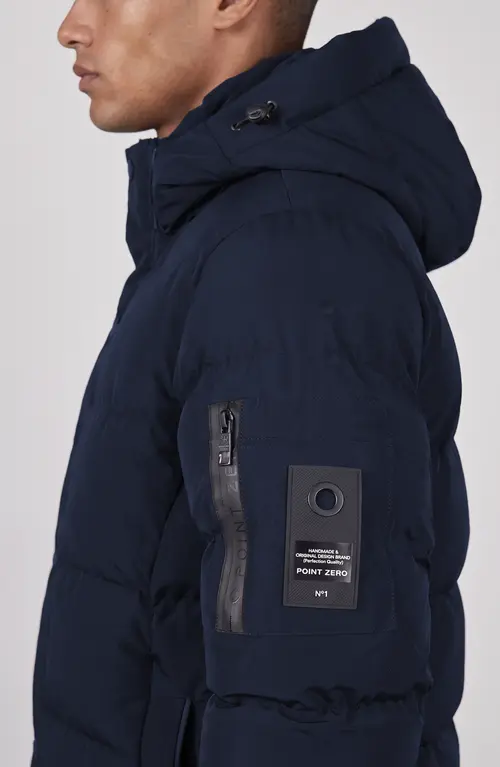 POINT ZERO Long Hooded Puffer Jacket With Sleeve Pocket - Navy