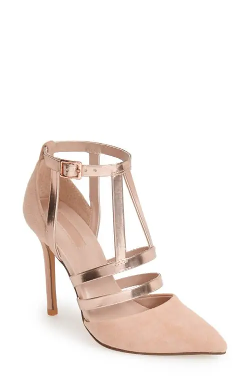 Topshop Geneva' Strappy Mixed Media Pump - Nude