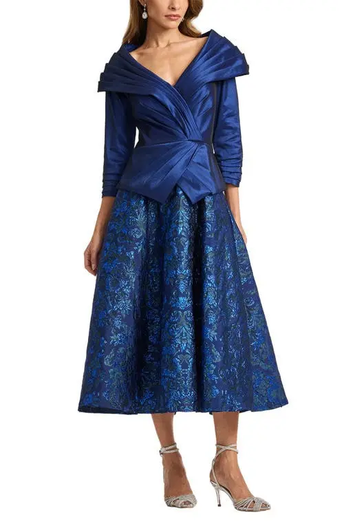 Tadashi Shoji Pleated Shawl Mixed Media Taffeta Floral Jacquard Evening Dress - Navy/multi