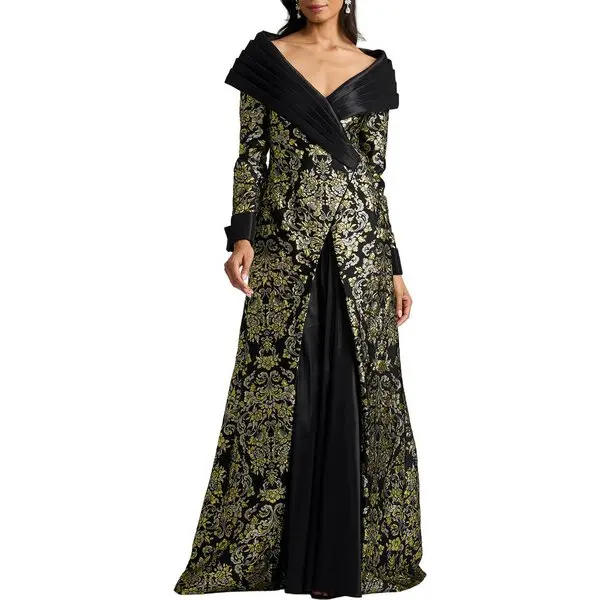Tadashi Shoji Metallic Floral Jacquard Long Sleeve Mixed Media Gown - Gold/multi