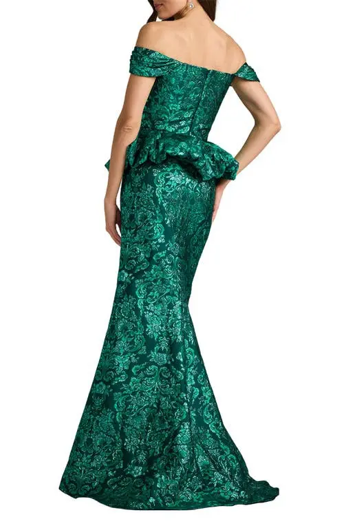 Tadashi Shoji Medallion Jacquard Peplum Gown