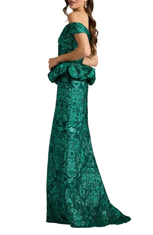 Tadashi Shoji Medallion Jacquard Peplum Gown