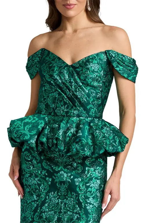 Tadashi Shoji Medallion Jacquard Peplum Gown
