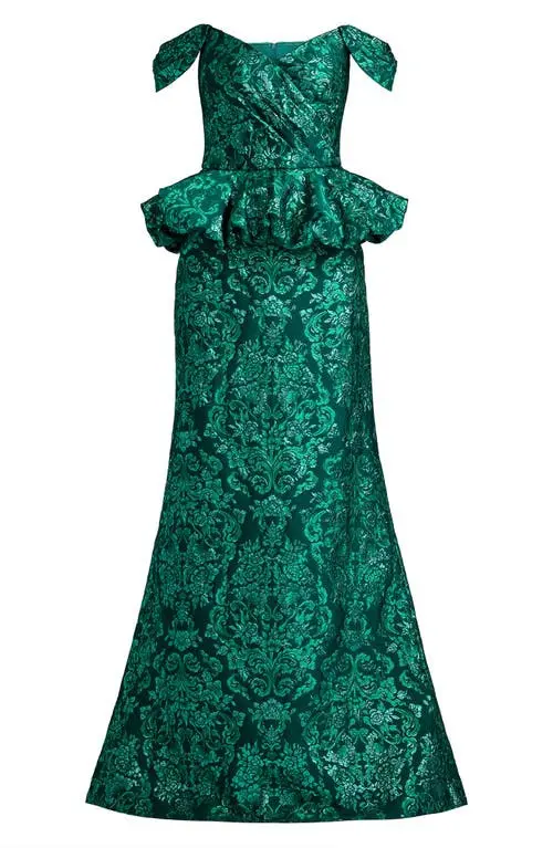 Tadashi Shoji Medallion Jacquard Peplum Gown