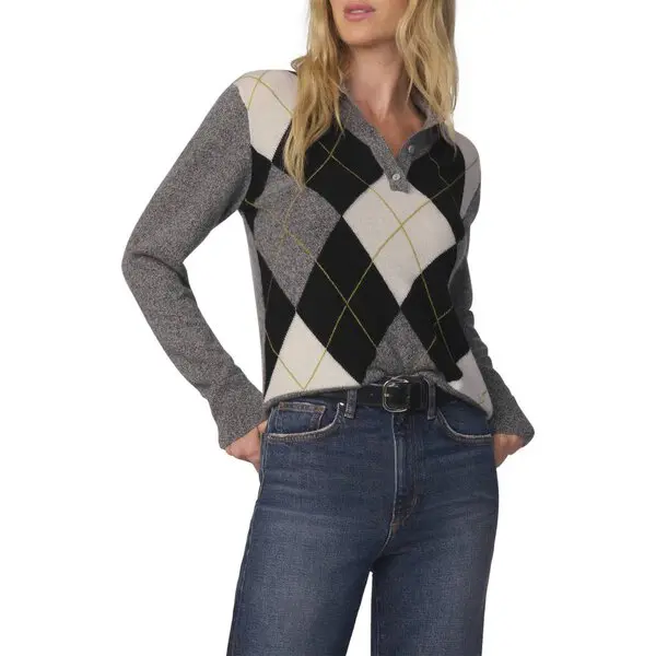 Joe's Jeans Argyle Cashmere Polo Sweater - Charcoal Argyle