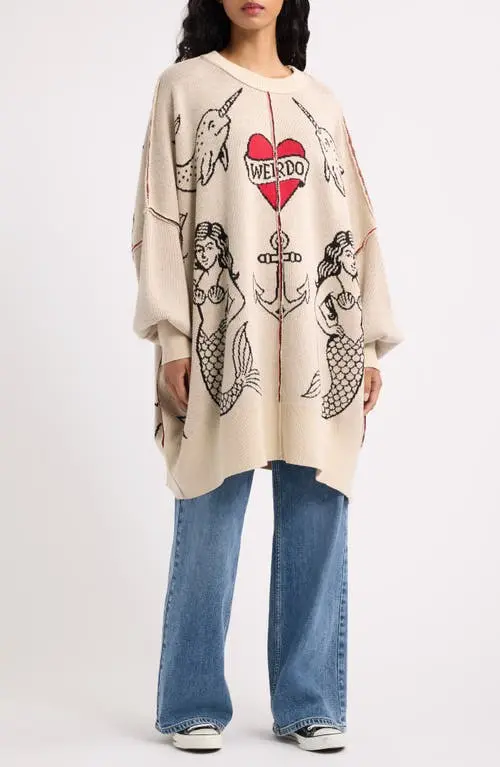DRESSED IN LALA Graphic Knit Oversized Crewneck Sweater - Tattoo