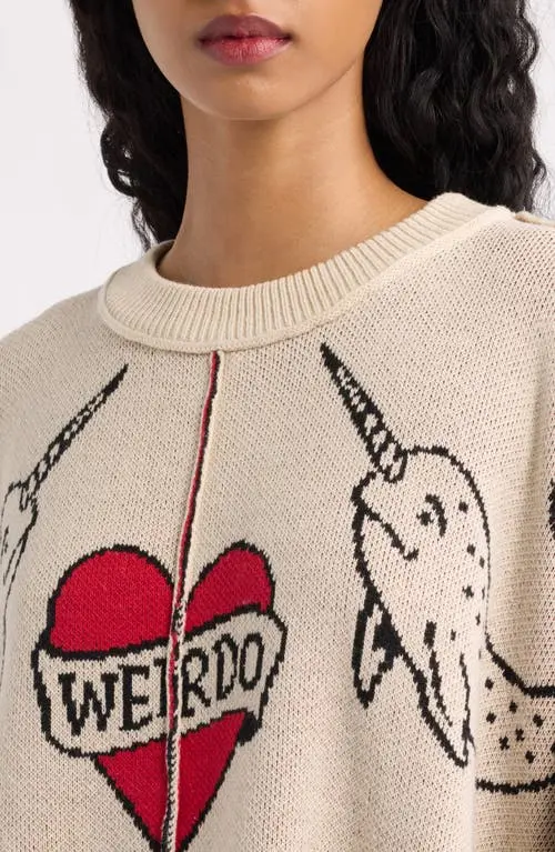 DRESSED IN LALA Graphic Knit Oversized Crewneck Sweater