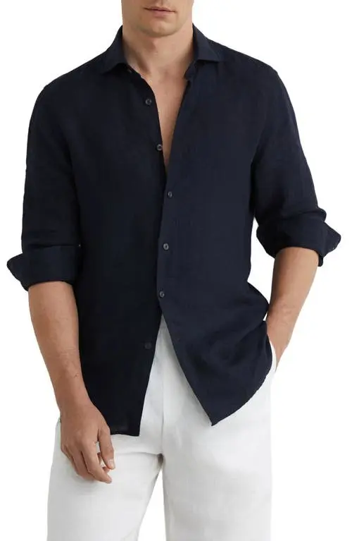 REISS Ruban Linen Button-up Shirt - Navy