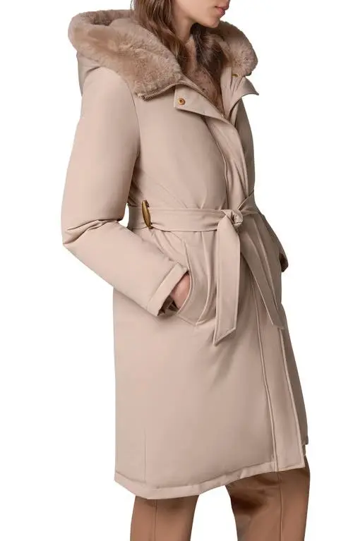 Donna Karan New York Belted Hooded Coat With Faux Fur Trim - Barley