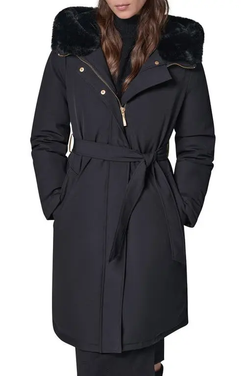 Donna Karan New York Belted Coat With Faux Fur Lined Hood - Black