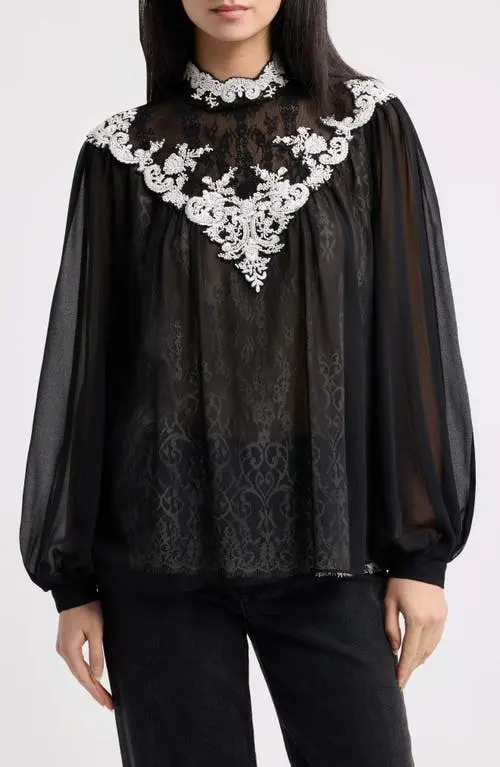 Kobi Halperin Teagan Embroidered Mock Neck Top - Black