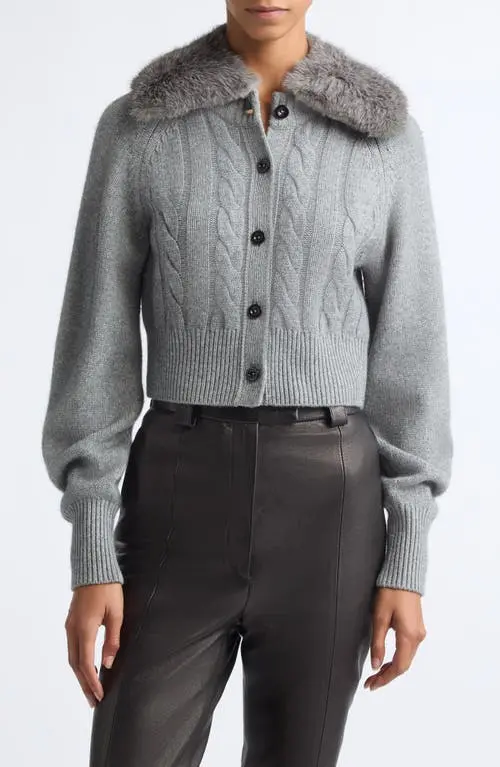 TOCCIN Rita Wool & Cashmere Cable Cardigan With Faux Fur Collar - Storm