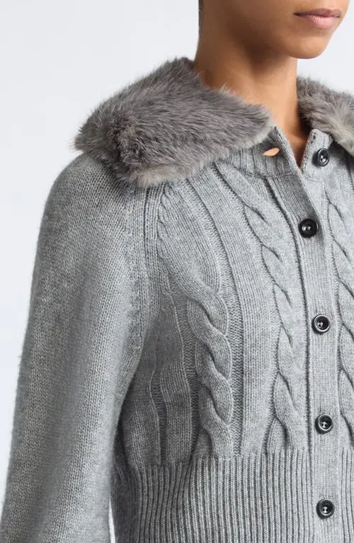 TOCCIN Rita Wool & Cashmere Cable Knit Cardigan With Faux Fur Collar - Storm