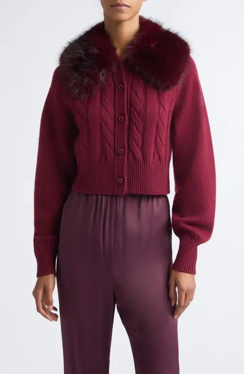 TOCCIN Rita Wool & Cashmere Cable Cardigan With Faux Fur Collar - Wine