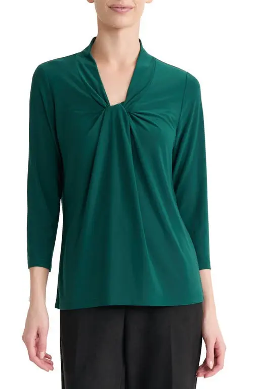 KASPER Knot Front V-neck Top - Evergreen