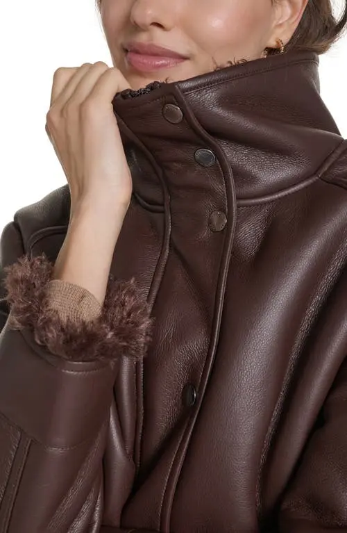 Cole Haan Faux Leather Cropped Jacket With Faux Shearling Lining