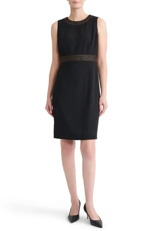 KASPER Sleeveless Sheath Dress With Tweed Trim