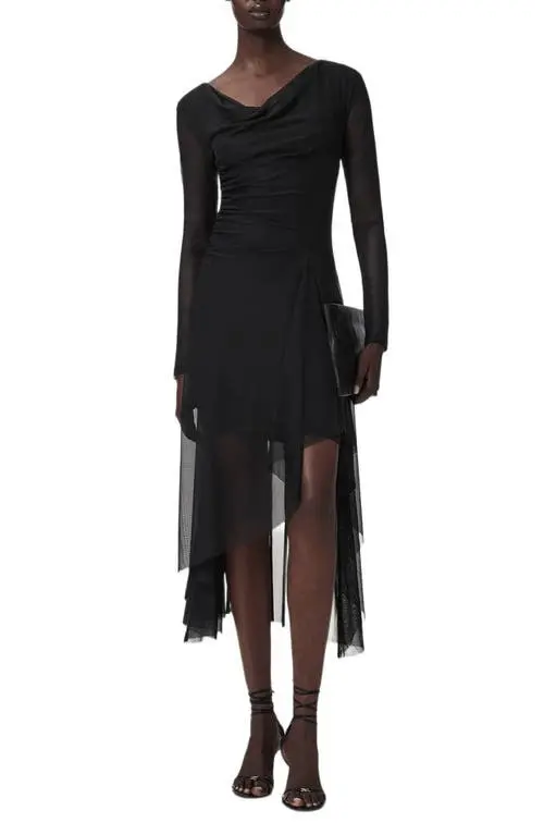ALLSAINTS Loria Draped Cowl Neck Handkerchief Hem Dress - Black