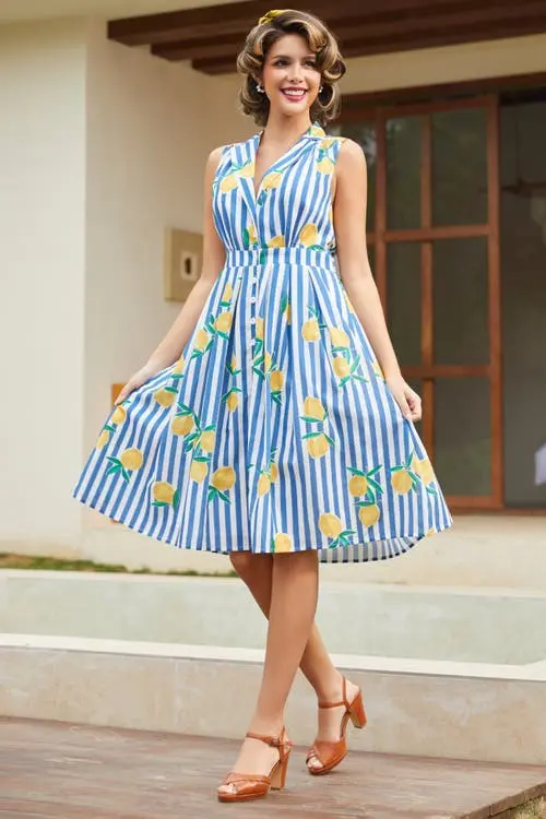 MODCLOTH Sleeveless Fit & Flare Dress With Notched Collar - Lemon Stripe