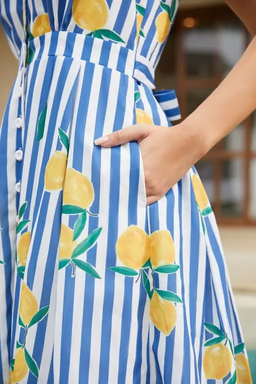 MODCLOTH Sleeveless Fit & Flare Dress With Notched Collar - Lemon Stripe