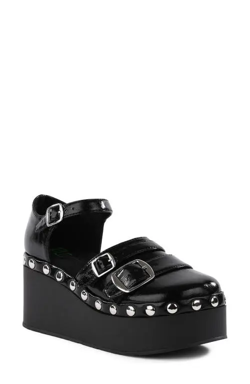 Bc Footwear Faux Leather Flatform Mary Jane Sandal With Studs And Buckles - Black