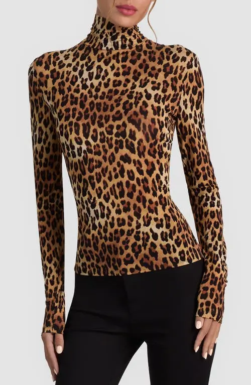Alice + Olivia Delaina Leopard Print Long Sleeve Mock Neck Top - Spotted Leopard