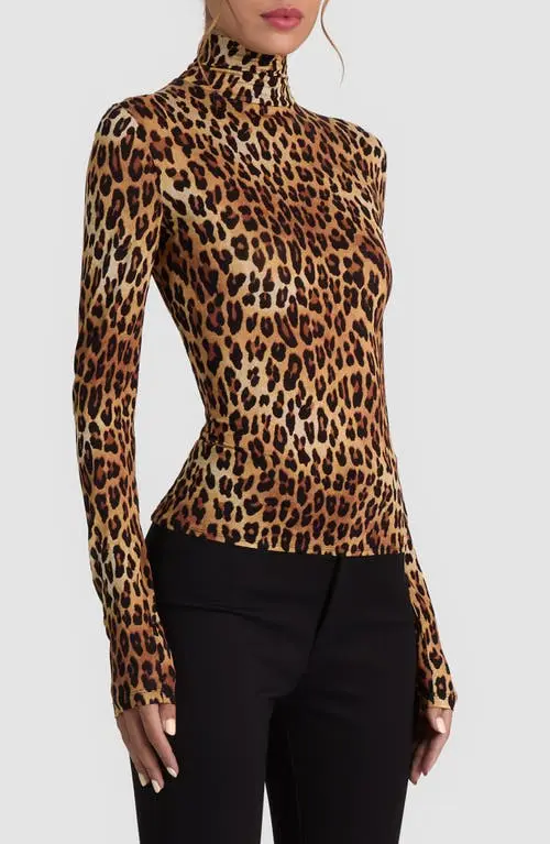 Alice + Olivia Delaina Leopard Print Long Sleeve Mock Neck Top - Spotted Leopard