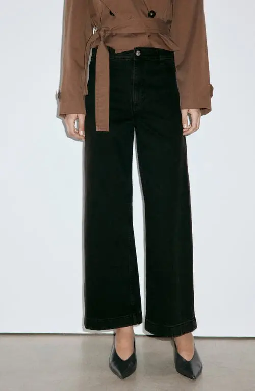 Mango High Waist Wide Leg Culotte Jeans With Frayed Hem - Black Denim