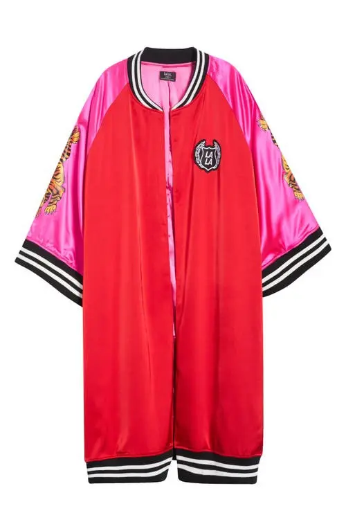 DRESSED IN LALA Colorblocked Kimono Bomber Jacket With Embroidered Sleeves - Pink/red