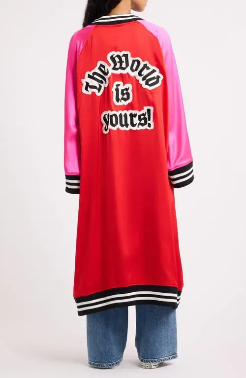 DRESSED IN LALA Colorblocked Kimono Bomber Jacket With Embroidered Sleeves