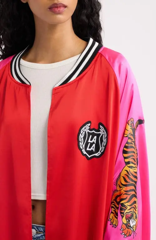 DRESSED IN LALA Colorblocked Kimono Bomber Jacket With Embroidered Sleeves