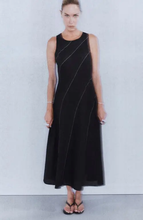 Mango Sleeveless Linen Blend Dress With Diagonal Stitching