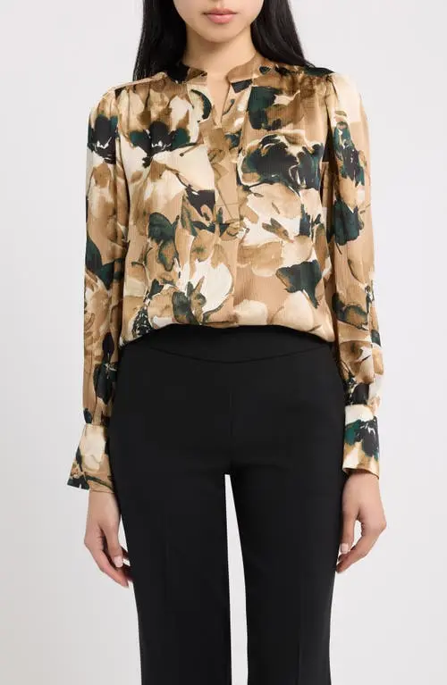 Anne Klein Floral Pleat Front Top - Light Coffee Multi