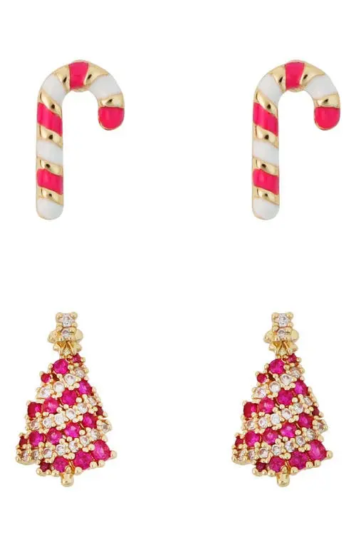 PANACEA Set Of 2 Candy Cane & Christmas Tree Stud Earrings - Red