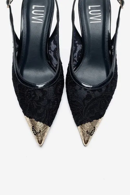 PROLOGUE SHOES Clem Lace Slingback Pump - Navy