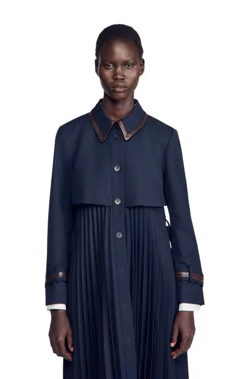 Sandro Trench With Pleated Leather Collar