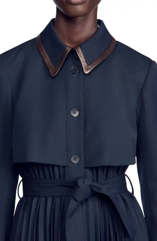Sandro Trench With Pleated Leather Collar