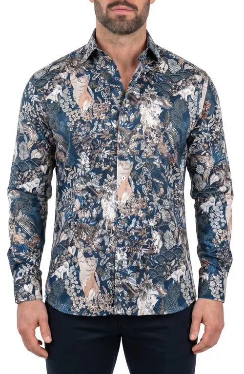 MACEOO Fibonacci Contemporary Fit Silk Button-up Shirt - Blue