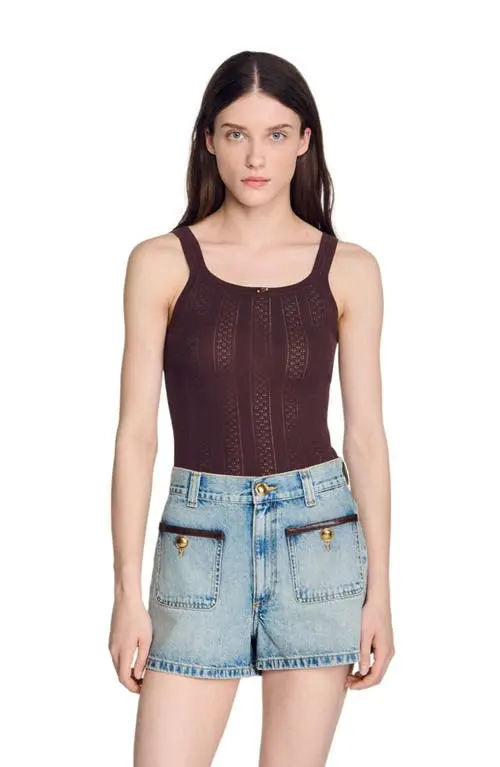 Sandro Pointelle Knit Vest Top With Bow Detail