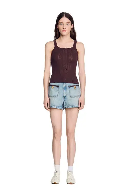 Sandro Pointelle Knit Vest Top With Bow Detail
