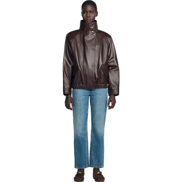 Sandro Oversized Leather Jacket - Brown