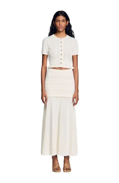 Sandro Pointelle Knit Cropped Cardigan - Ecru