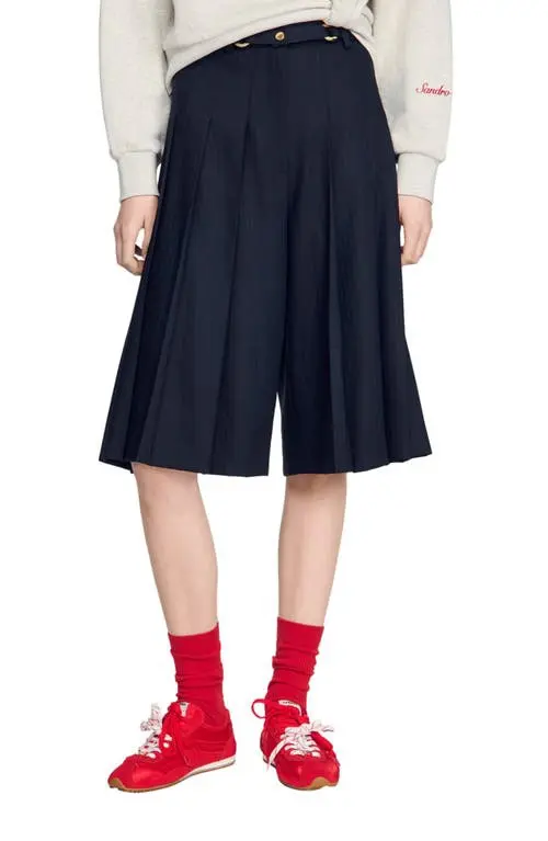 Sandro Long Pleated Wool Shorts With Removable Belt