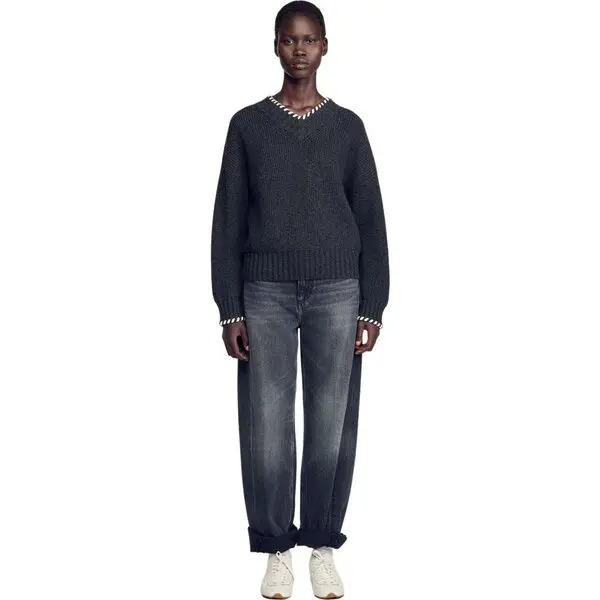 Sandro Braided V-neck Sweater - Grey