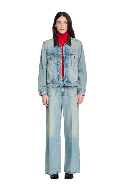 Sandro Denim Jacket With Leather Collar
