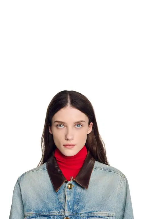 Sandro Denim Jacket With Leather Collar