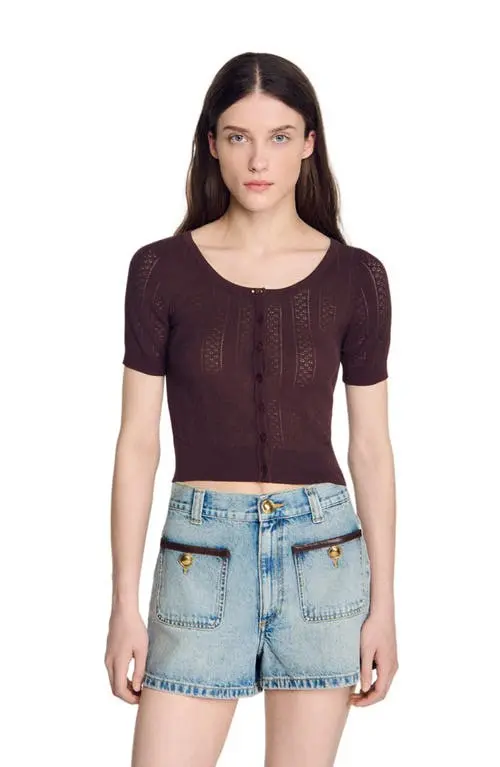 Sandro Pointelle Knit Cardigan - Brown
