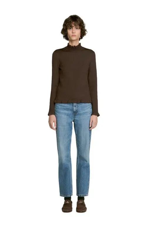 Sandro Smocked T-shirt With Ruffle Collar - Brown