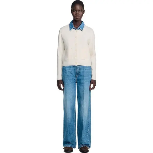 Sandro 2-in-1 Effect Cardigan With Denim Collar - Ecru