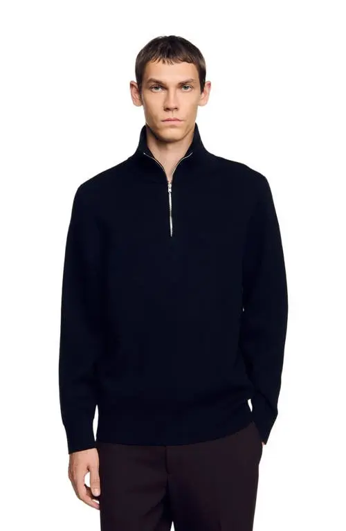 Sandro Boxy Zip-up Standing Collar Sweater - Black
